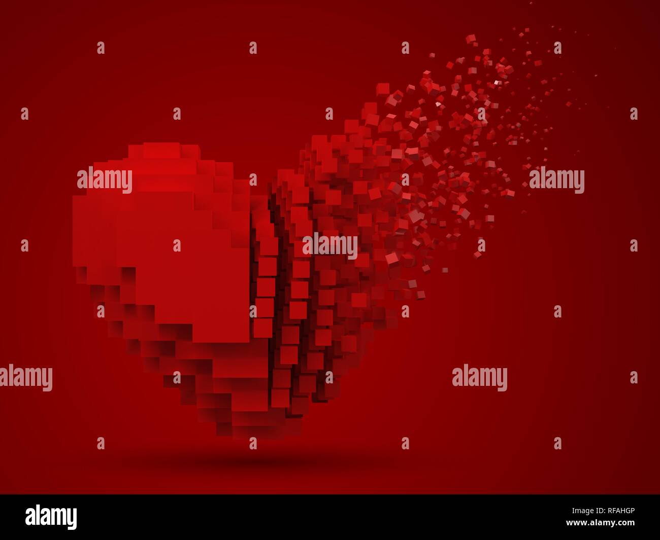 heart shaped, dissolving data block. made with red cubes. 3d pixel ...