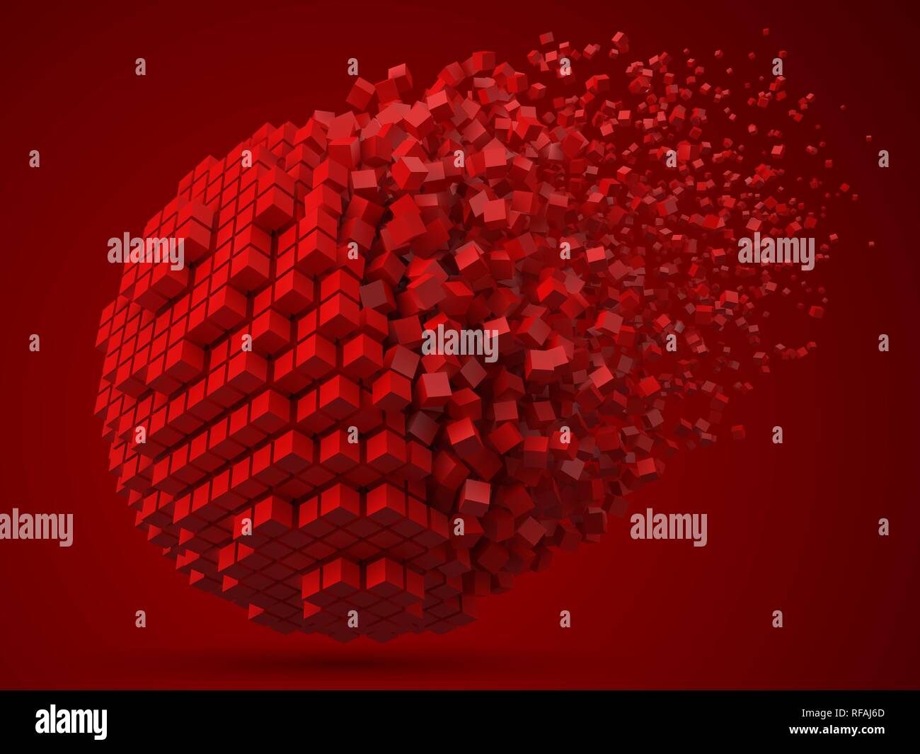 Dissolving Spherical Data Block Made With Red Cubes 3d Pixel Style Vector Illustration Stock