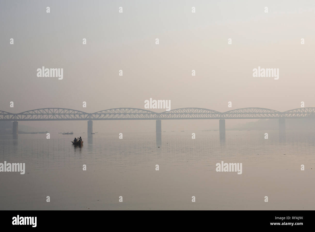 Rajghat bridge on river Ganges at sunrise. Also known as the Malviya ...