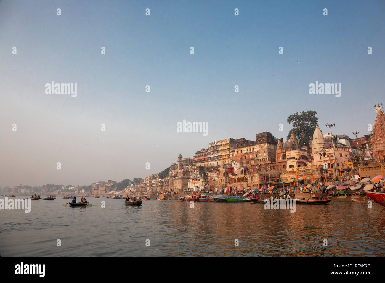 Varanasi India ancient city architecture panoramic view at sunset as ...