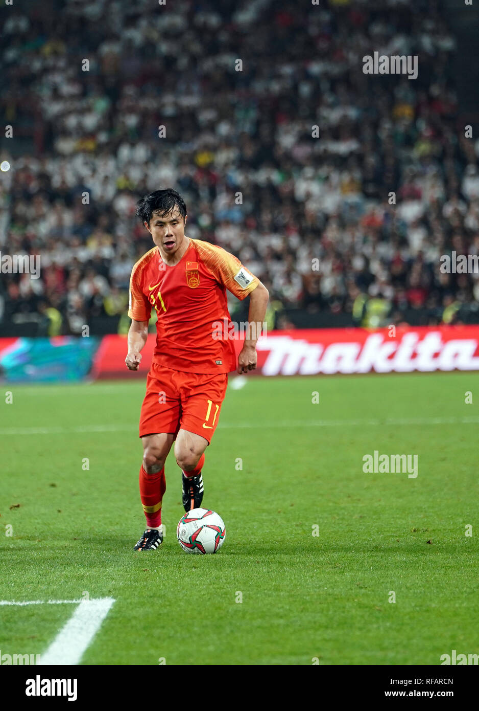 January 24, 2019 : Hao Junmin of China during China v Iran at the Mohammed Bin Zayed Stadium in ...