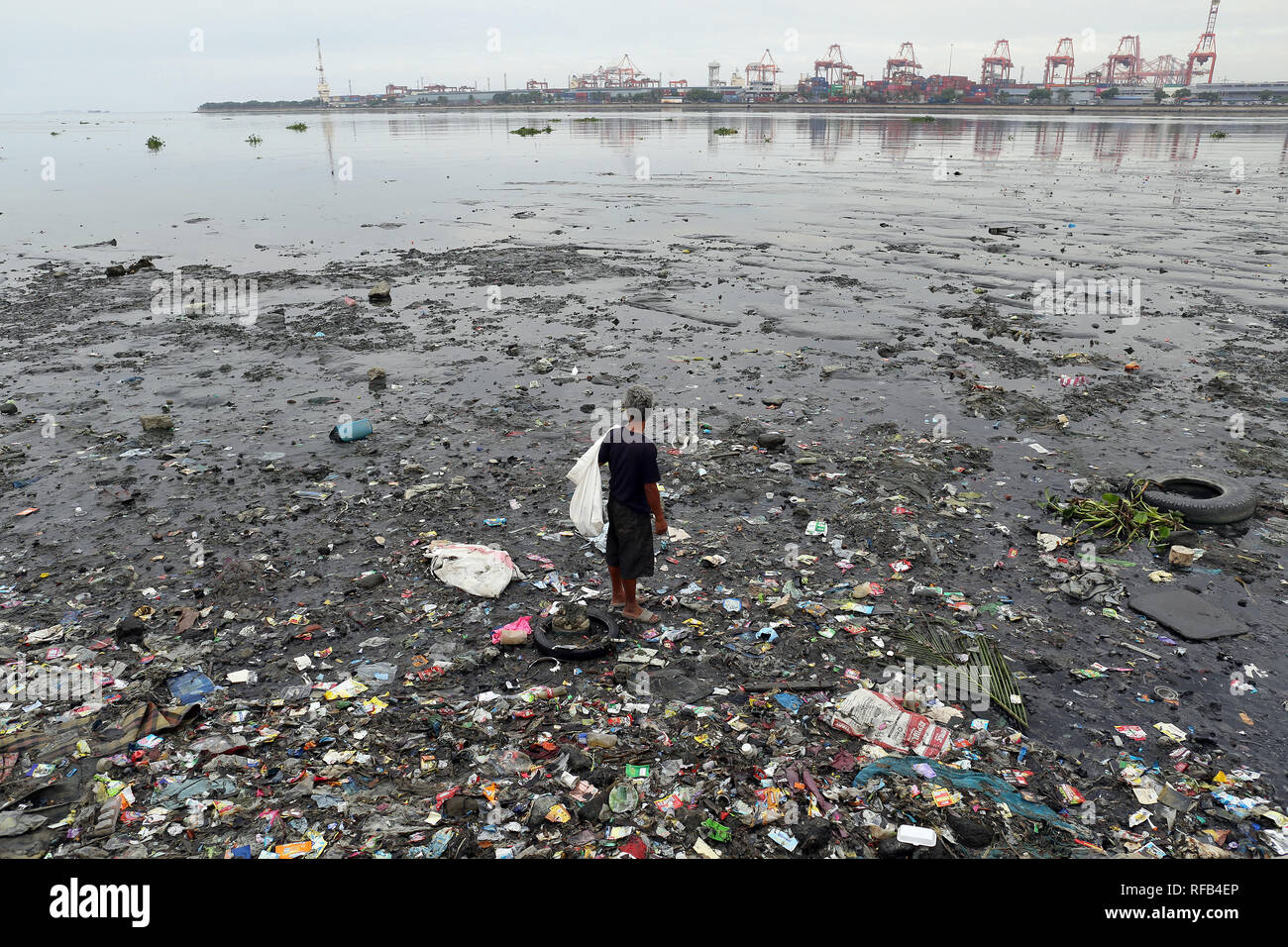 Manila, Philippines. 25th Jan, 2019. A man in Manila Bay is looking for ...