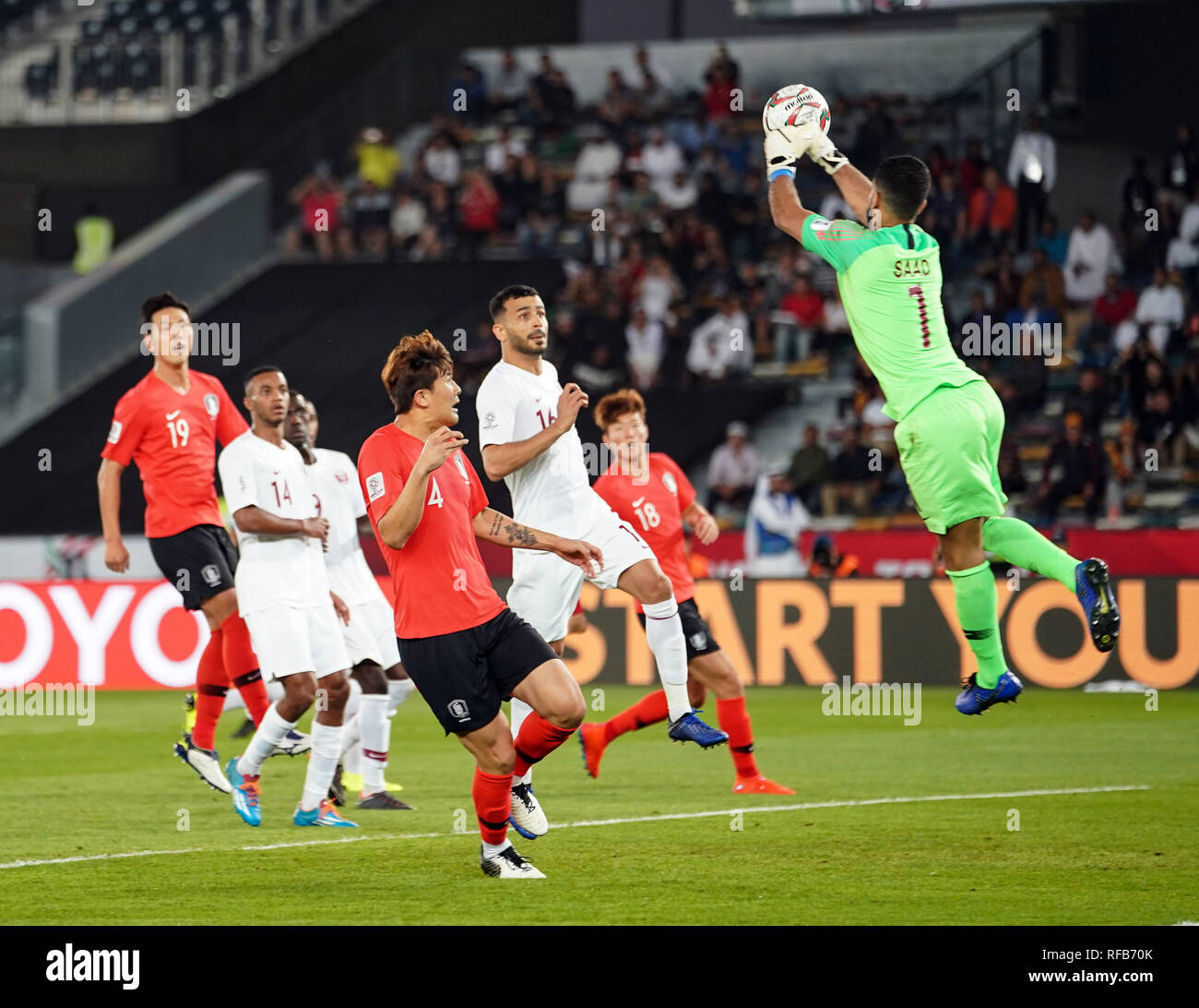 Abu Dhabi, UAE. 25th Jan 2019. Saad Al Sheeb of Qatar catching the ball ...