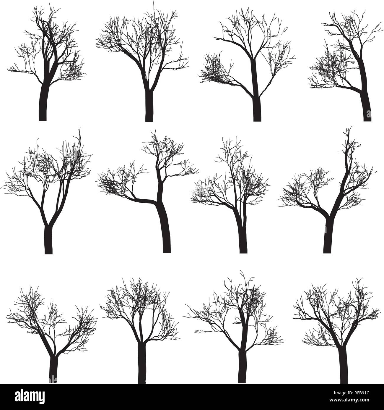 Tree trunks silhouettes set, hand drawn vector design elements Stock ...