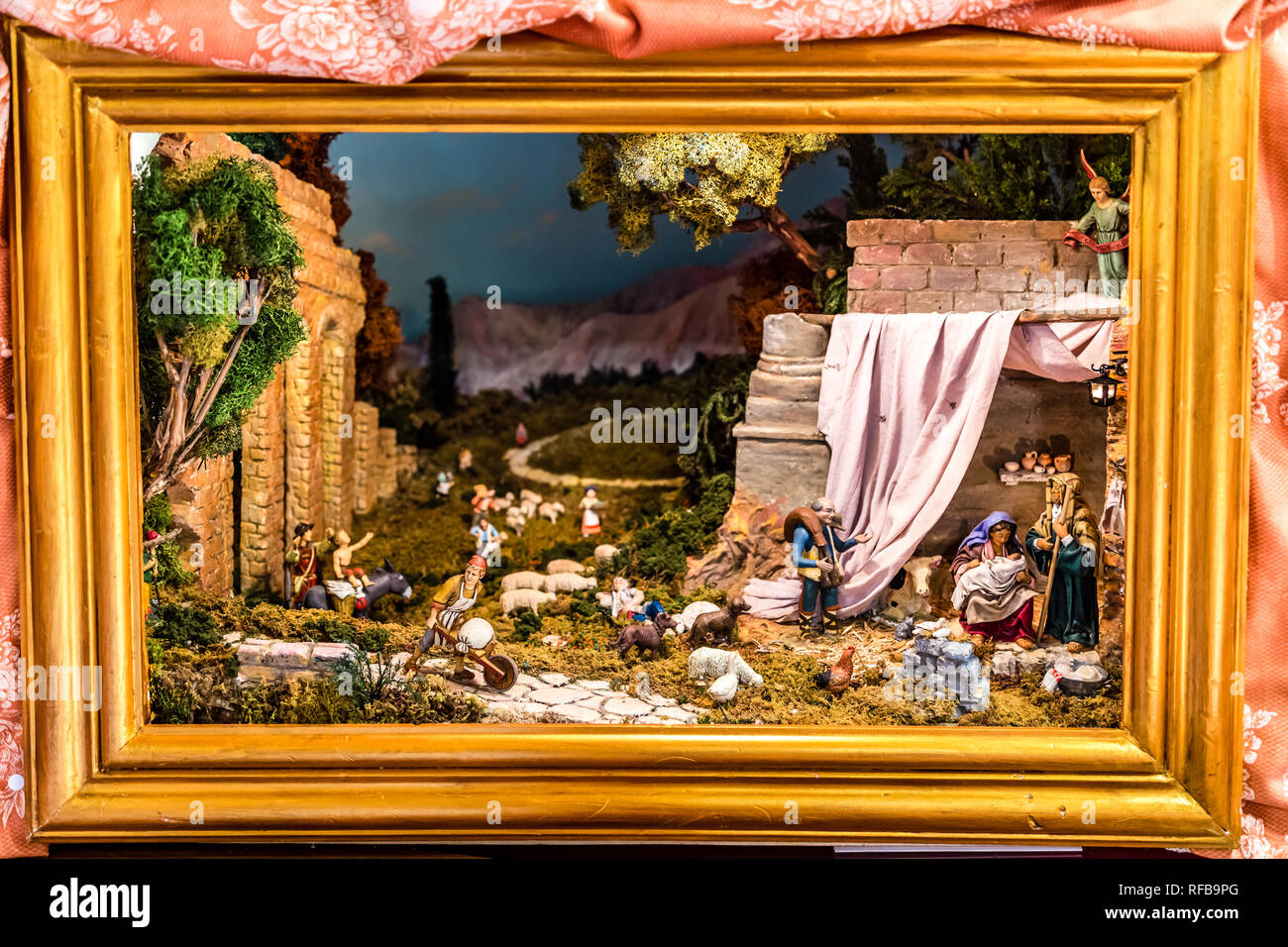 ROME, ITALY - JANUARY 4, 2019: light is enlightening Christmas Nativity ...