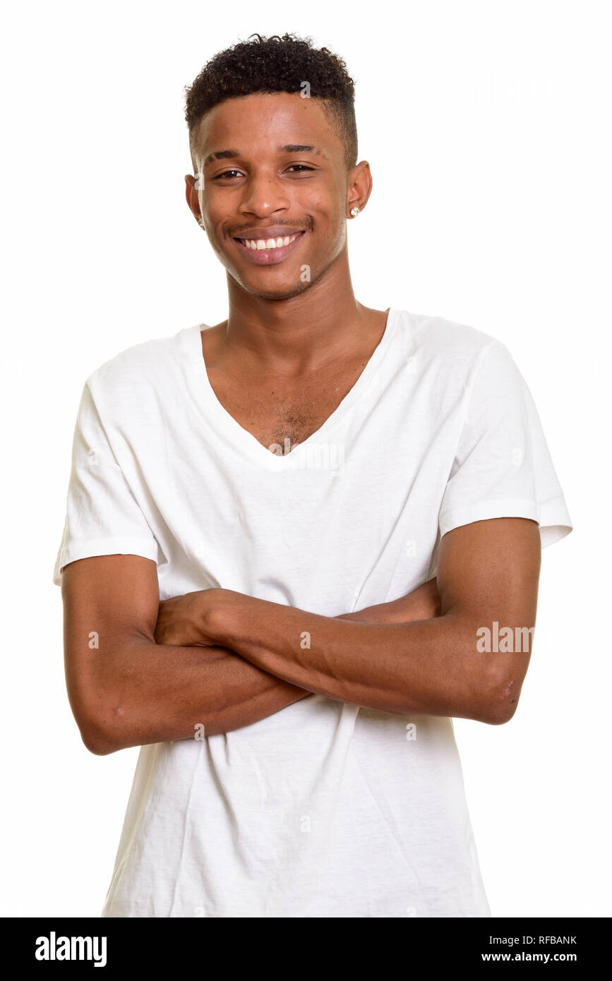 Young happy African man smiling isolated against white background Stock ...