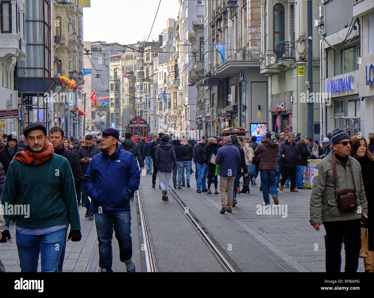 Istanbul, Turkey - December 2018 - Red Tramway making its way through ...