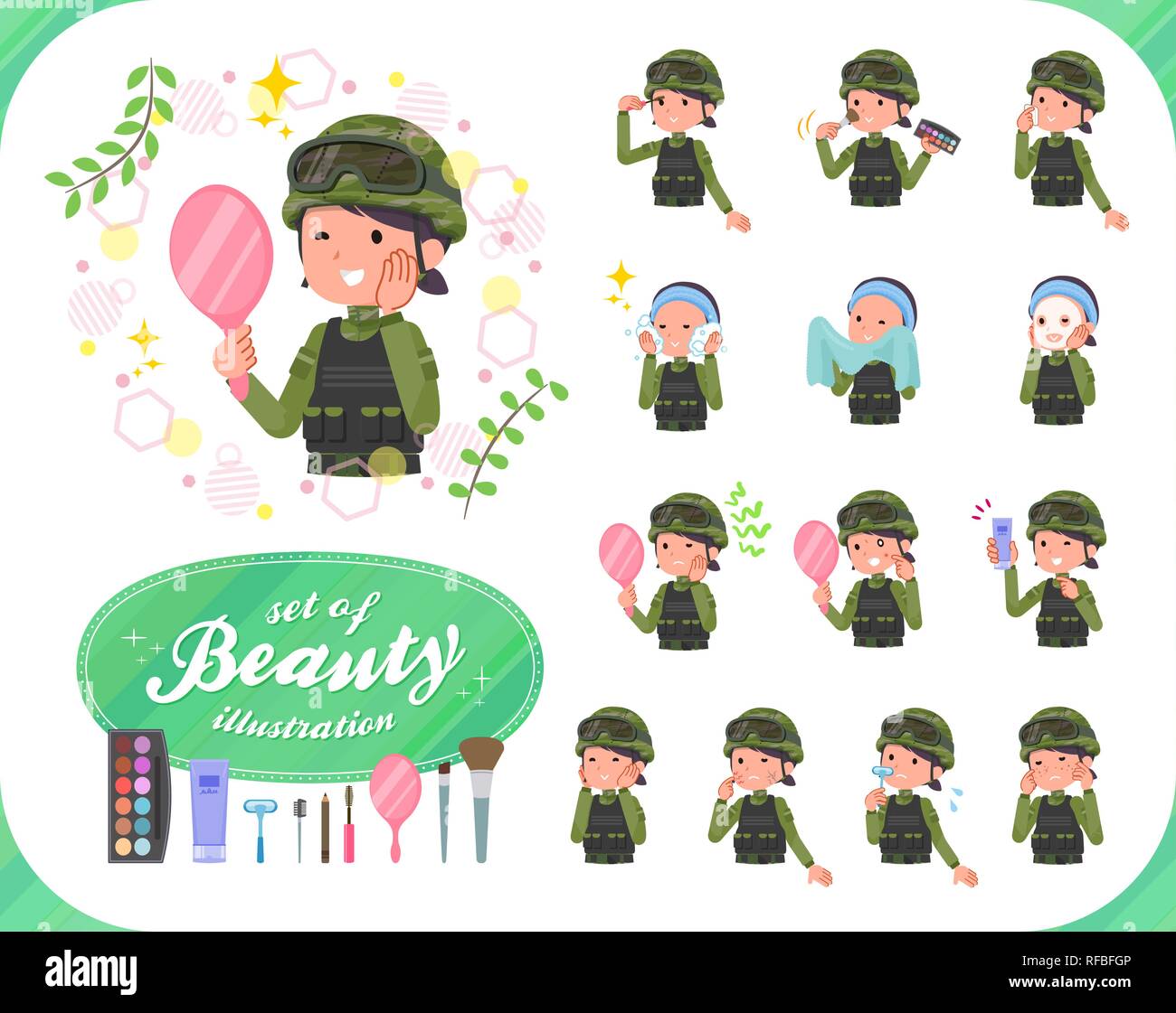 A set of Army women on beauty.There are various actions such as skin ...