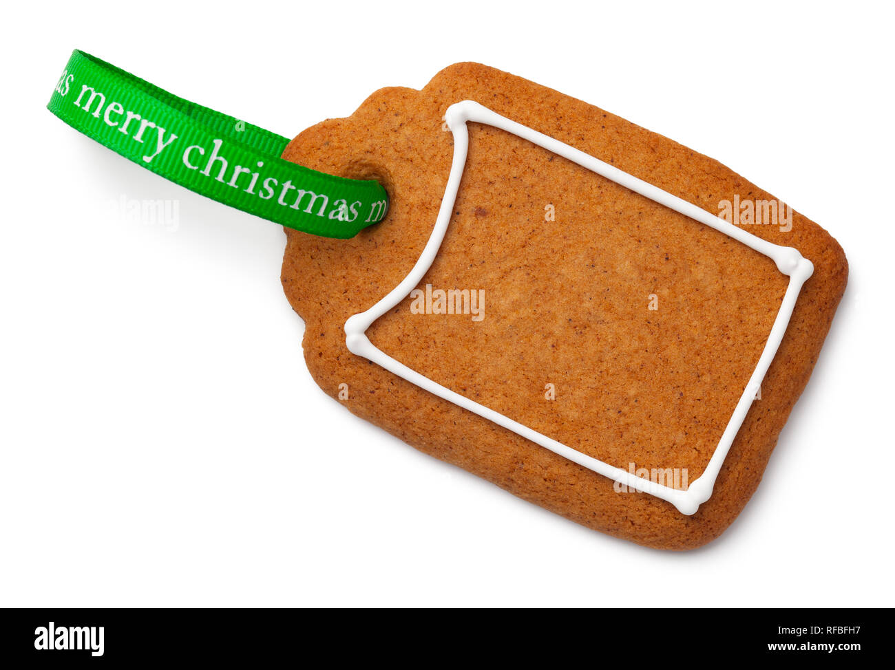 Gingerbread label cookie with ribbon isolated on white background. Top ...