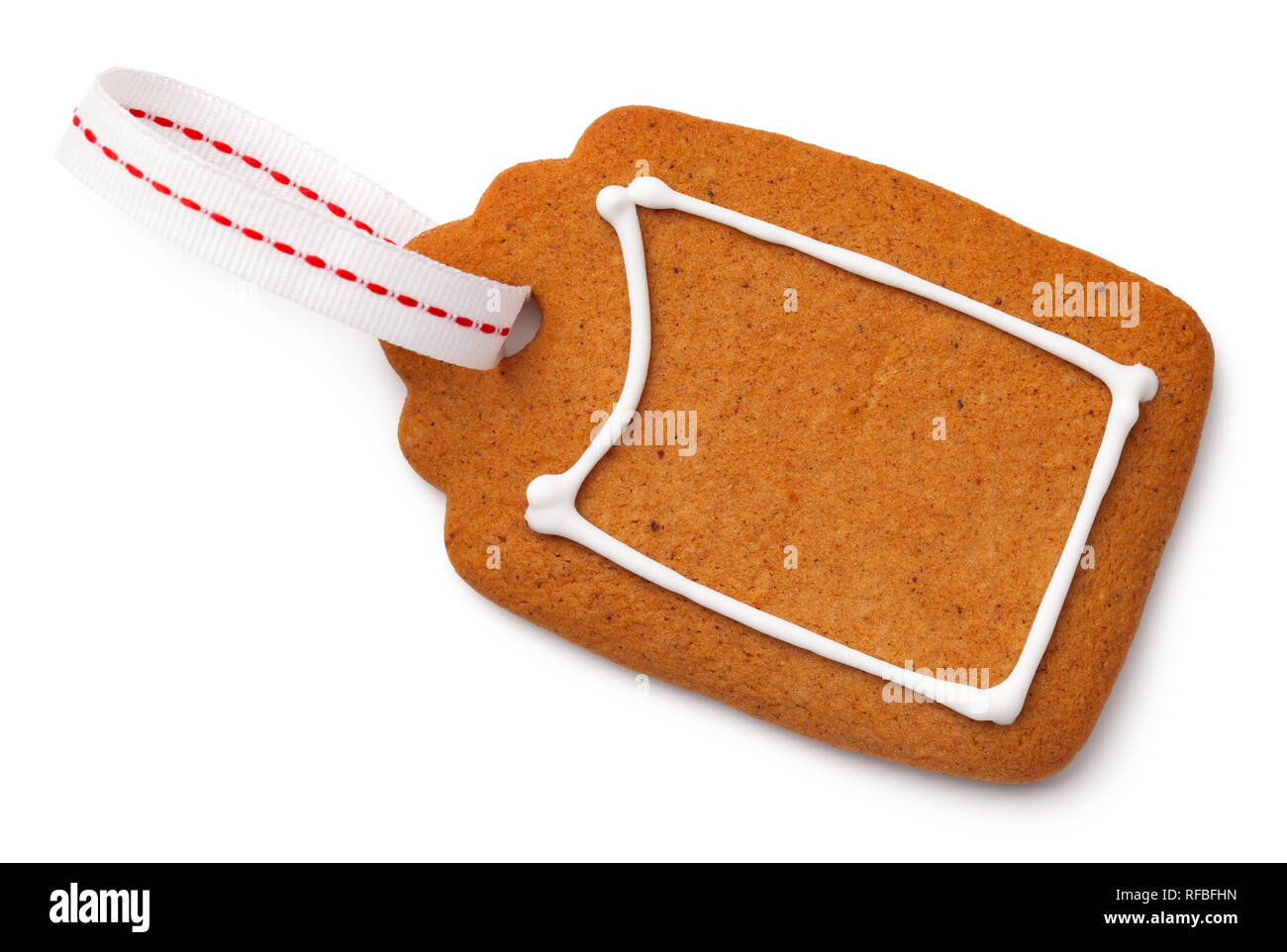 Gingerbread label cookie with ribbon isolated on white background. Top ...