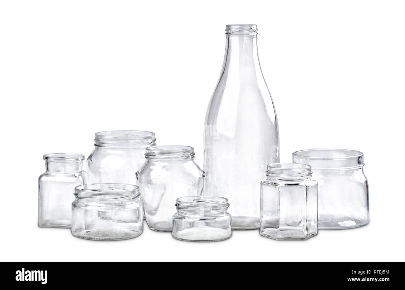 Group of empty glass jars isolated on white background Stock Photo - Alamy