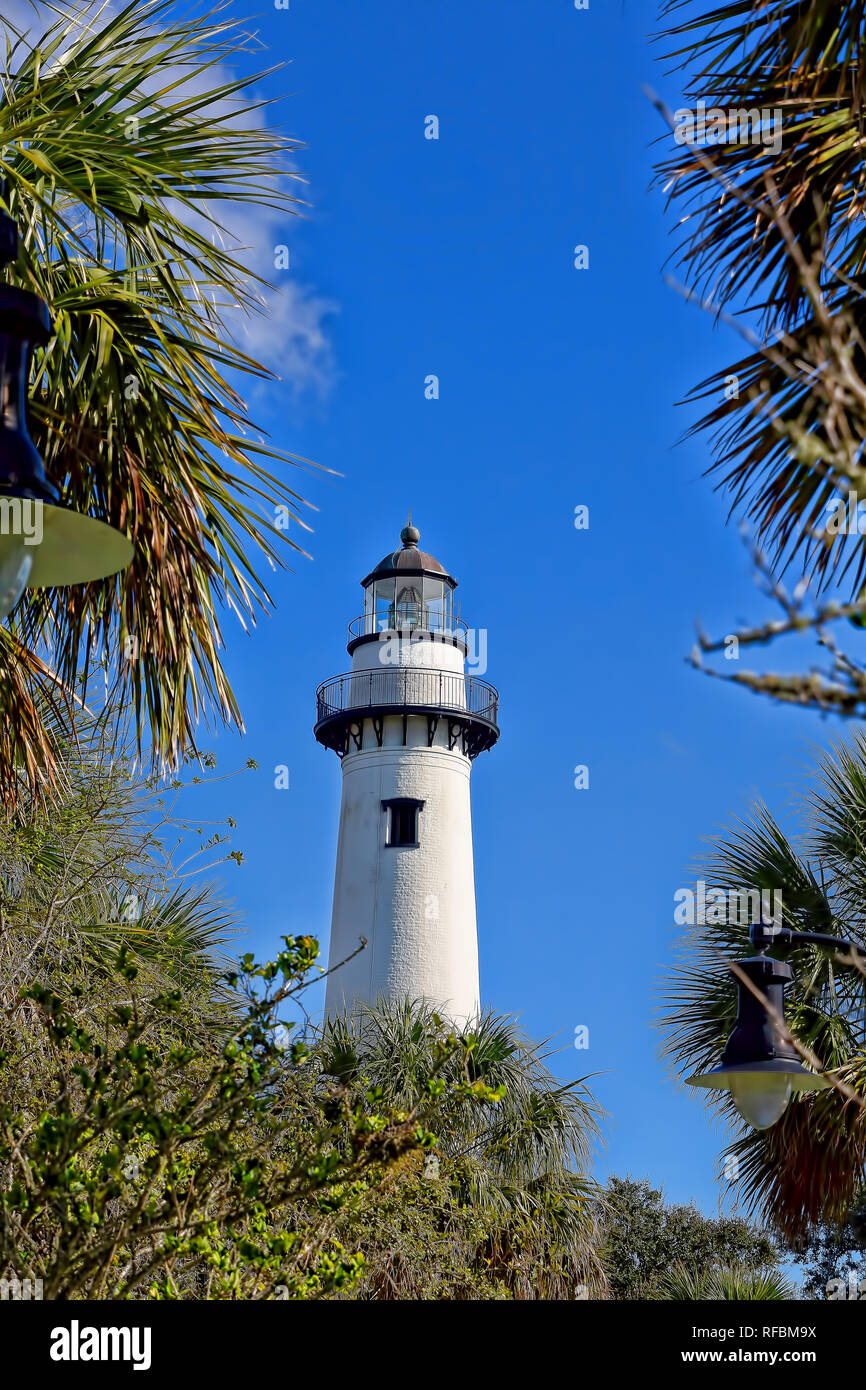 A view of the old white brick lighthouse on St Simons Island, Georgia ...