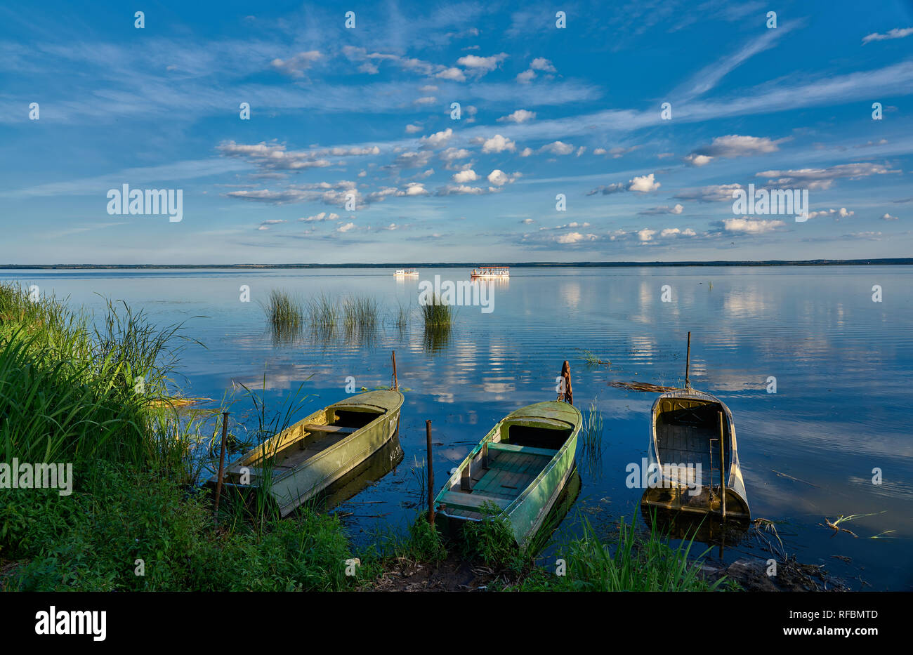 Boats on Lake Nero and white clouds near Rostov the Great, Golden Ring ...