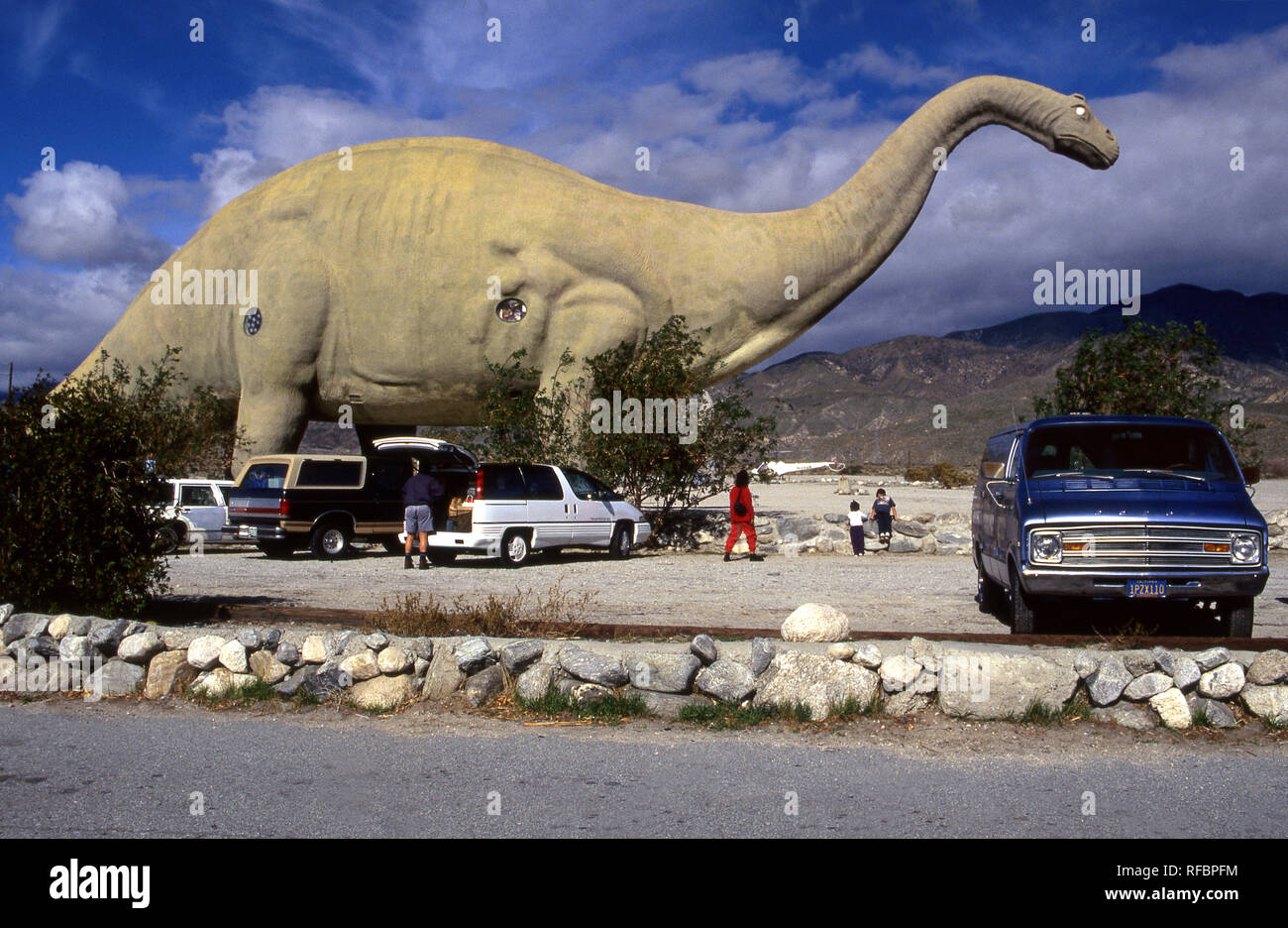 Roadside attraction features life sized dinosaur in the California ...