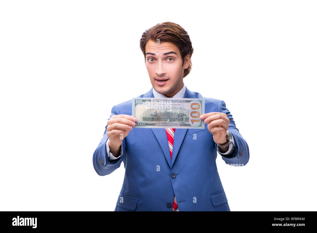 Elegant man with banknote isolated on white Stock Photo - Alamy