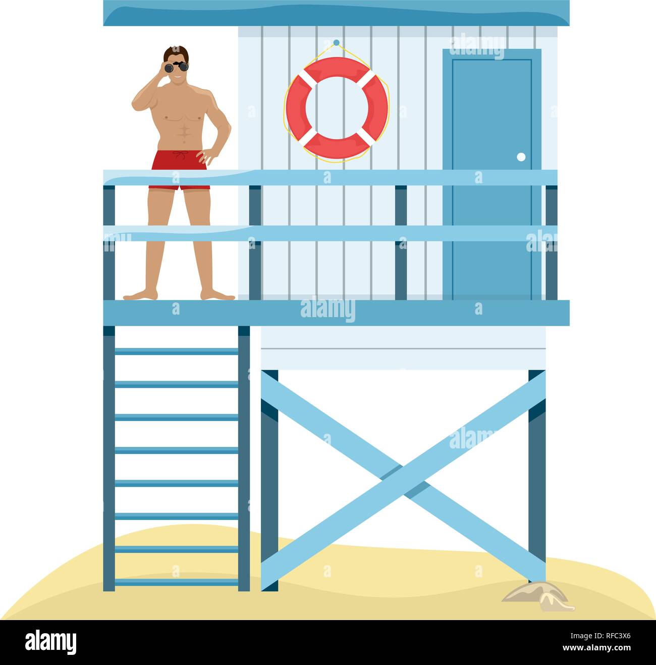 Beach landscape with a lake lifeguard and a lifesaver man. Flat vector ...