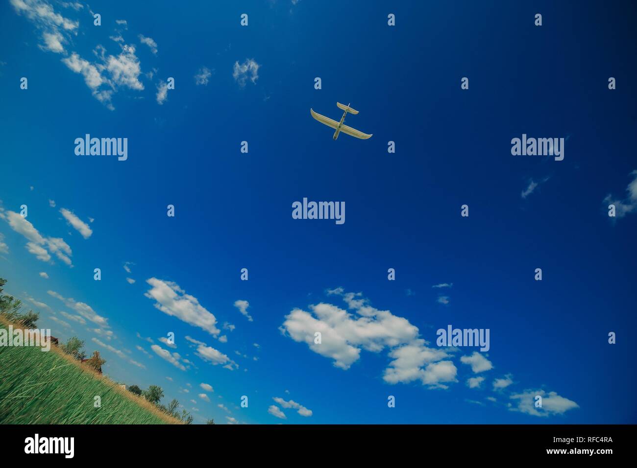 Airplane model flying in a summer sky Stock Photo - Alamy