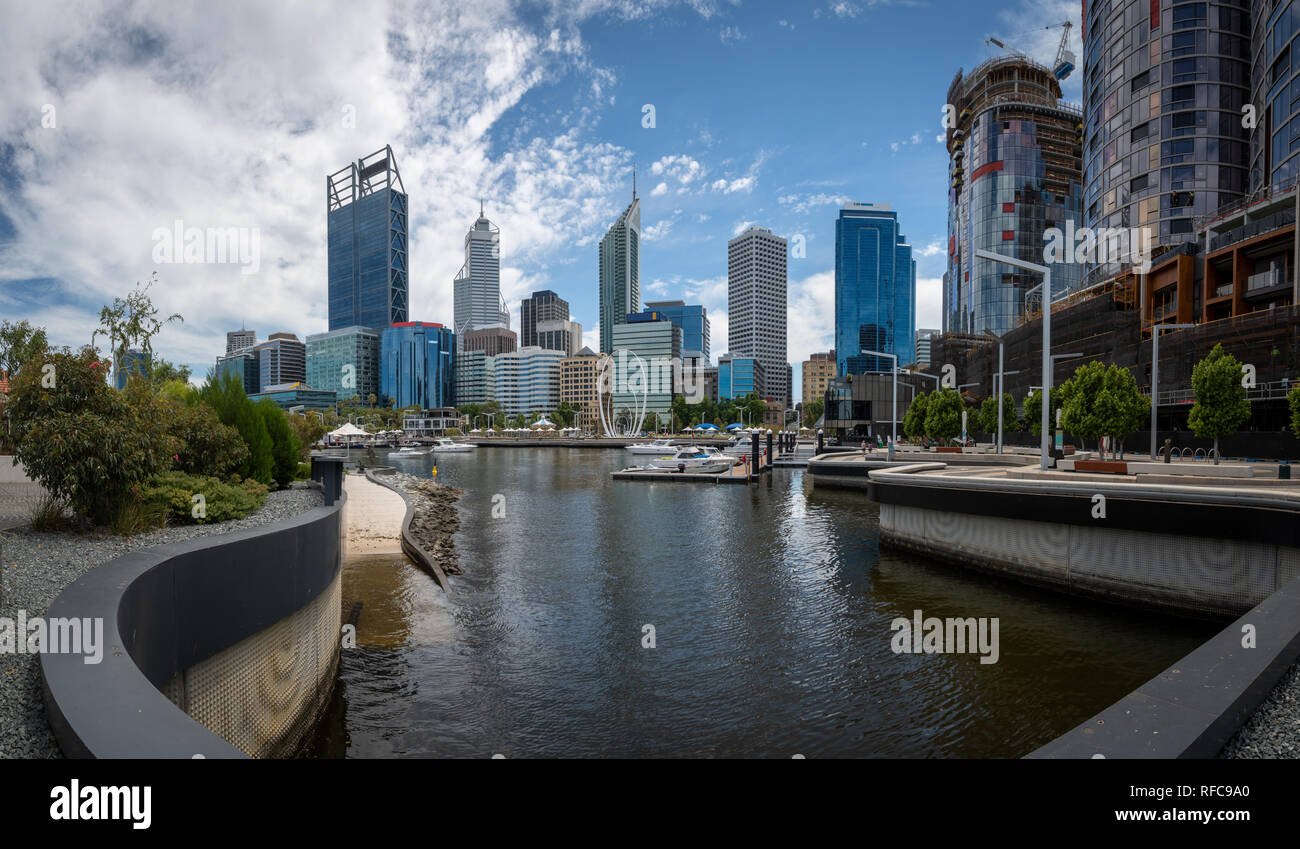 Panorama of Perth skyline downtown seen from Elizabeth Quay with new ...
