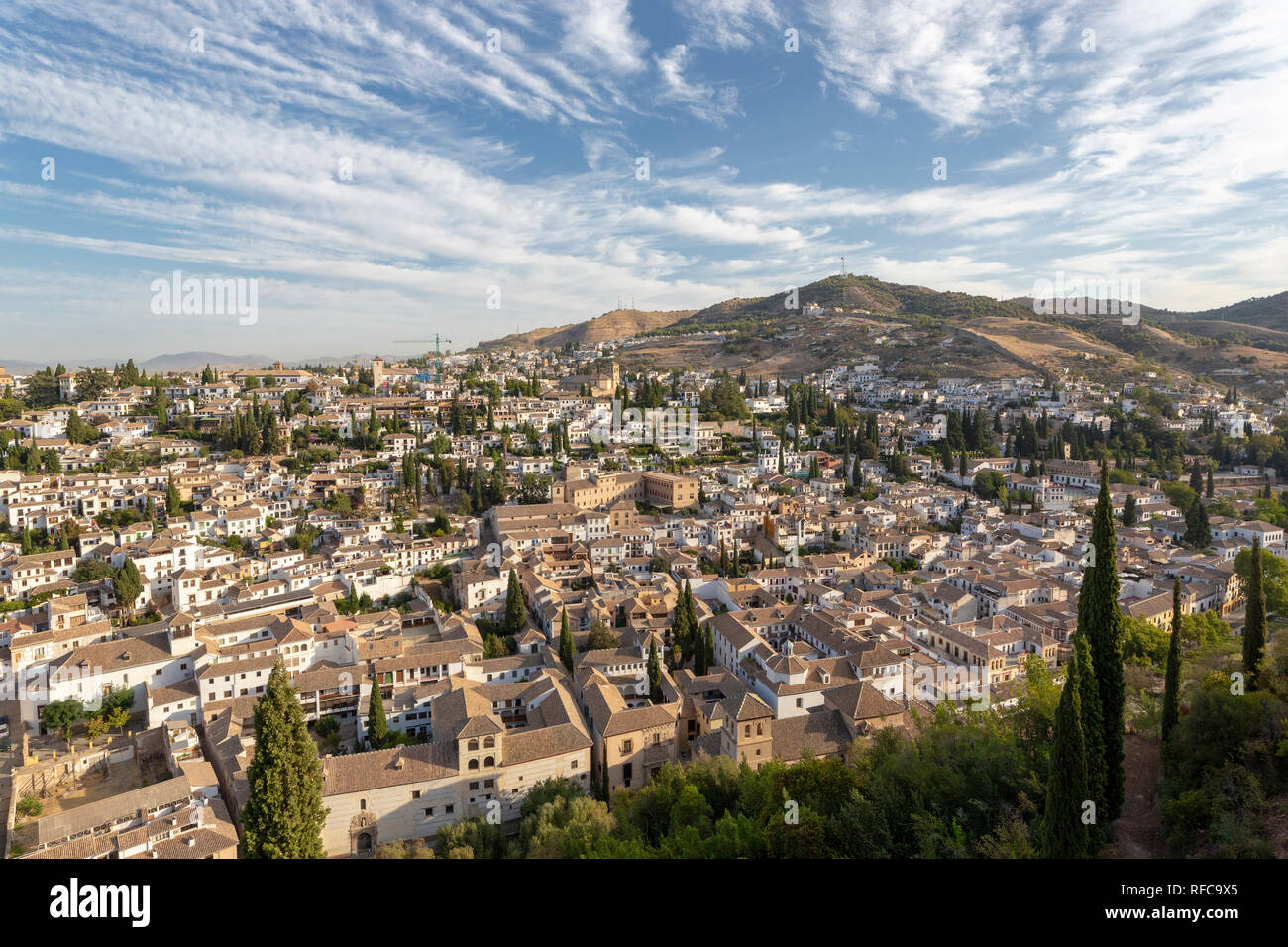 Granada city view taken from atop of Arms Tower in Alhambra palace ...