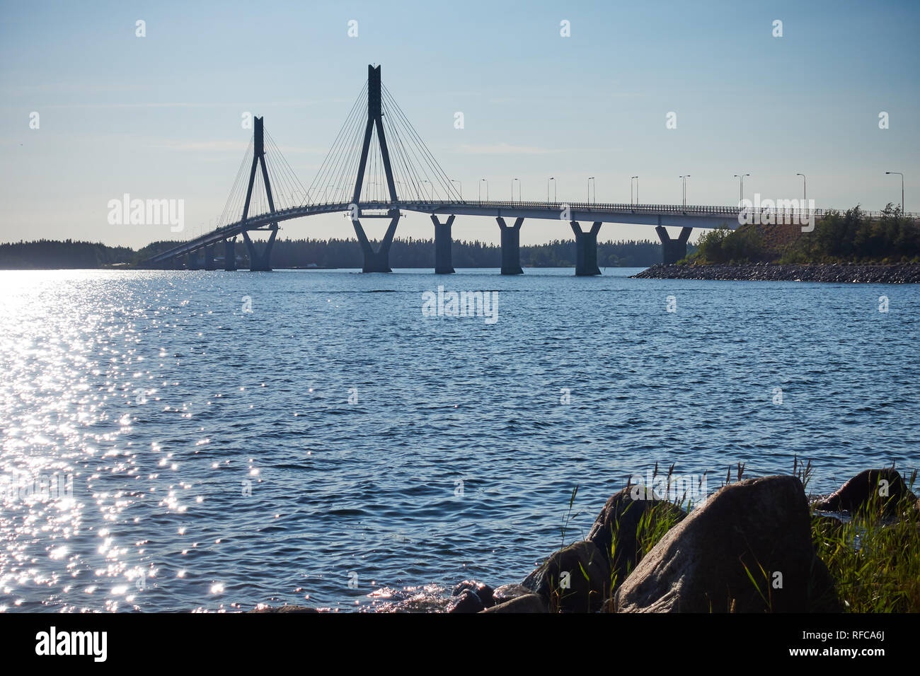 Replot (Raippaluoto) Bridge in Vaasa, Finland. Clear summer evening sky ...