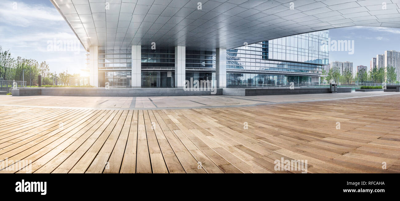office building entrance with wooden floor foreground,china Stock Photo ...