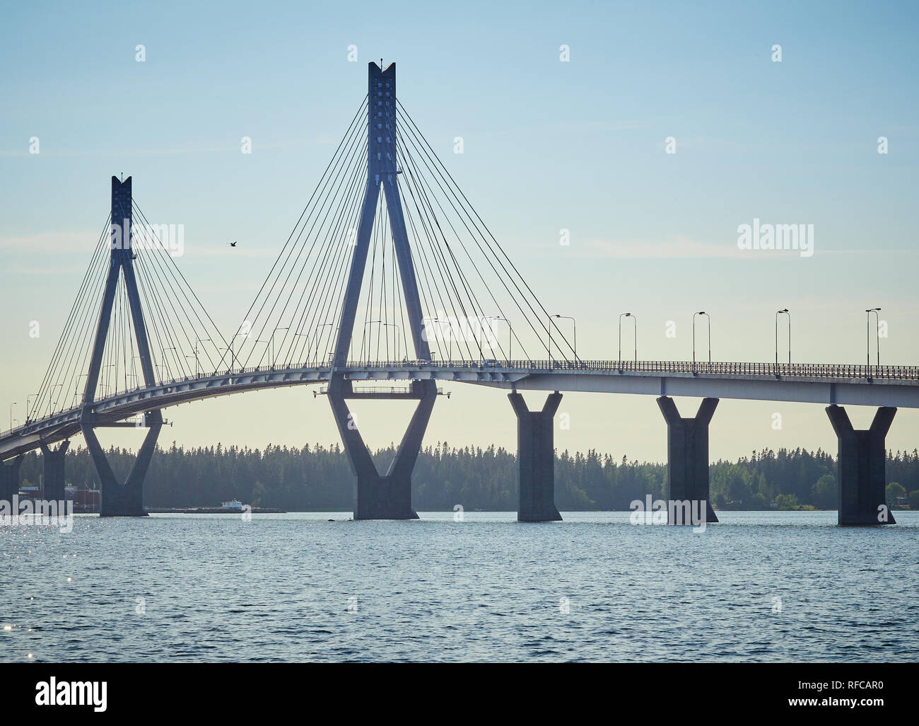 Replot (Raippaluoto) Bridge in Vaasa, Finland. Clear summer evening sky ...