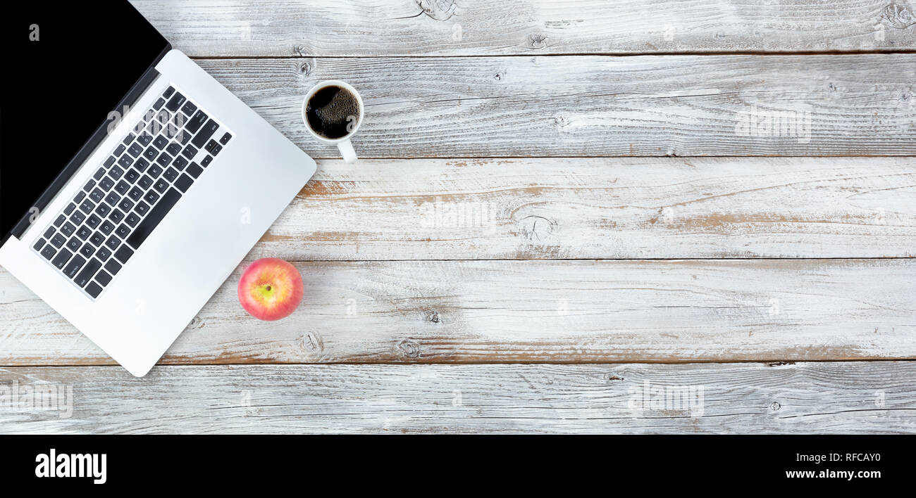 Overhead view of desktop with coffee and apple plus plenty of copy ...