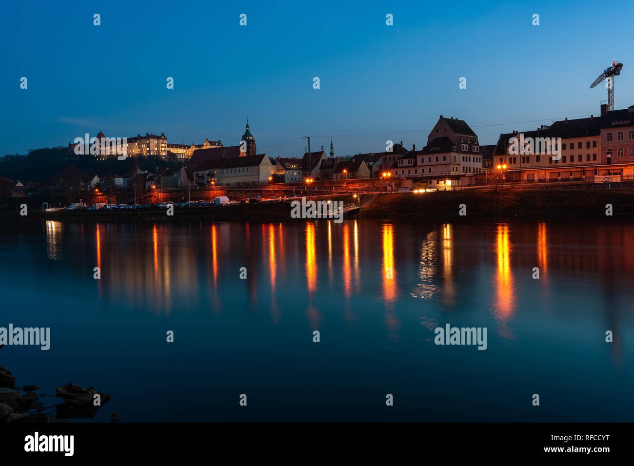 Panorama of the historic center of Pirna at night Stock Photo - Alamy