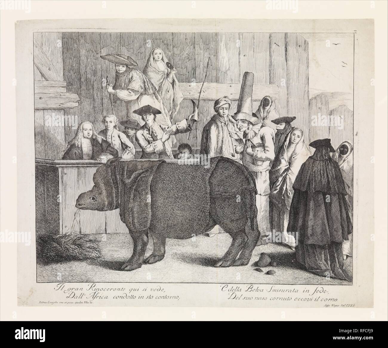 The Rhinoceros, Clara, in the foreground, her keeper holding her horn ...