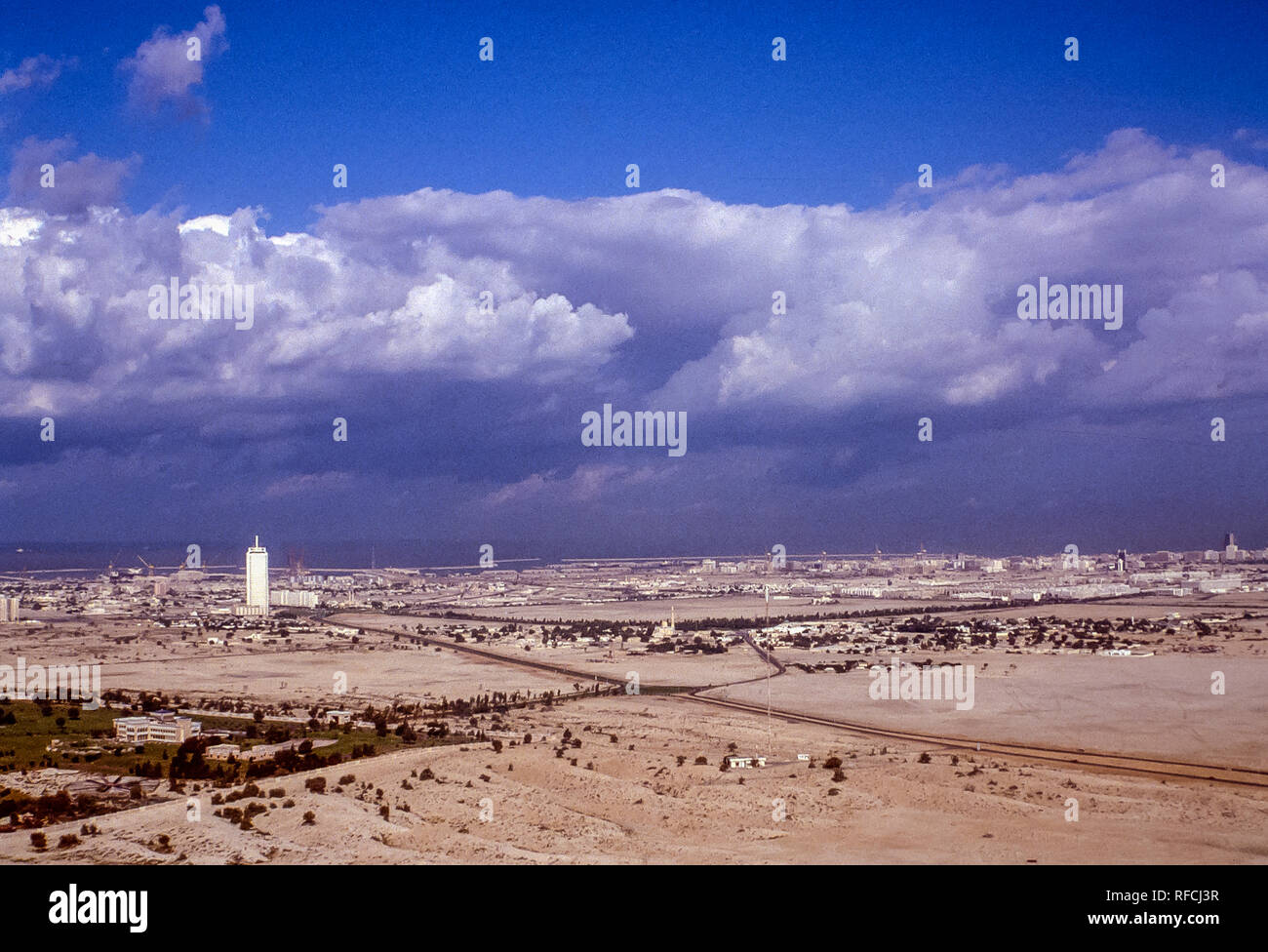 Dubai. Aerial view of Dubai with the Dubai Trade Centre Tower looking ...