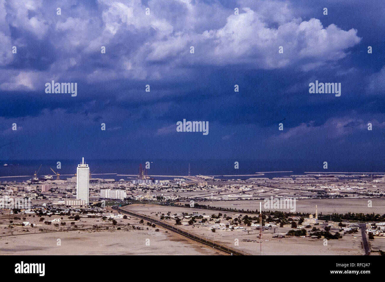Dubai. Aerial view of Dubai with the Dubai Trade Centre Tower looking ...