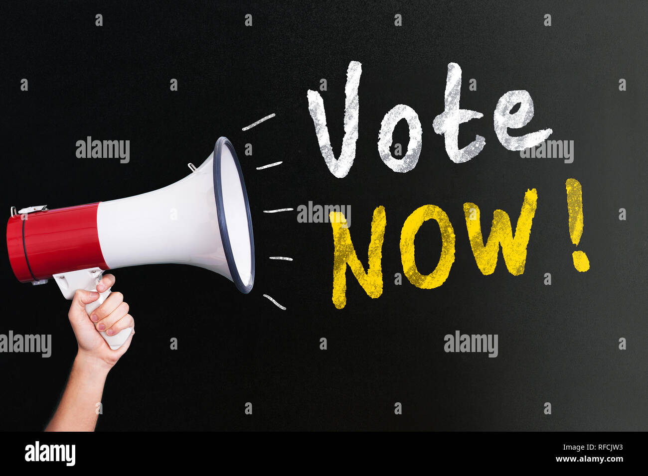 A Person Holding Megaphone Near Yellow And White Colored Vote Now Text ...