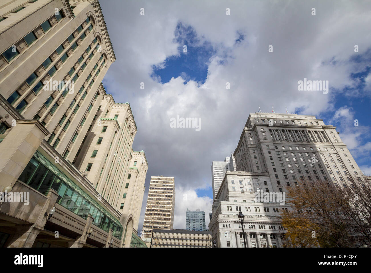 Panorama of old stone skyscrapers and high rise office towers in ...