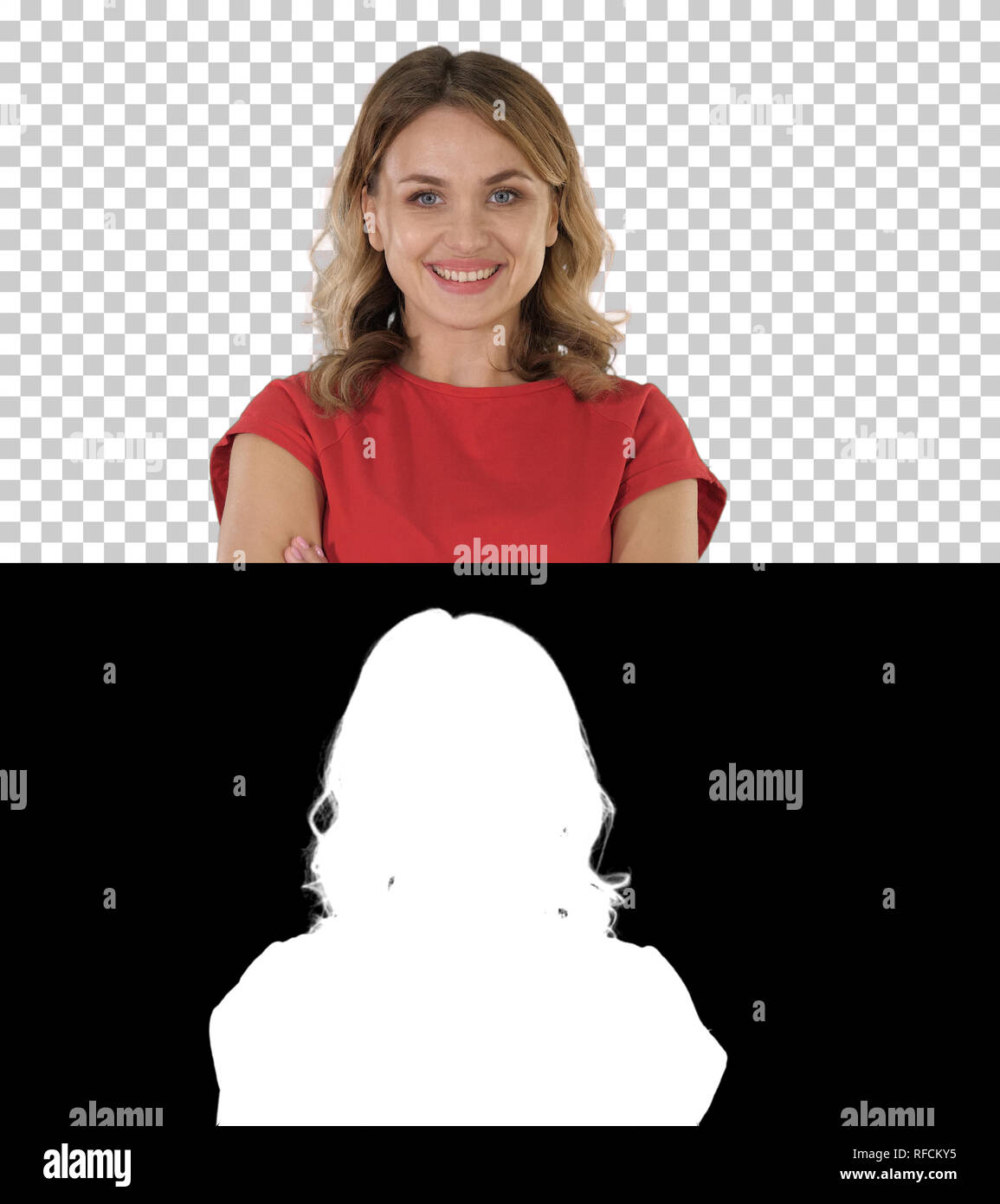 On Alpha Matte. Close up. Young blond woman being serious and then ...