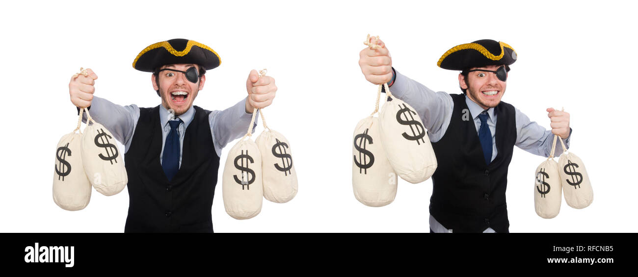 One-eyed man with moneybags isolated on white Stock Photo - Alamy