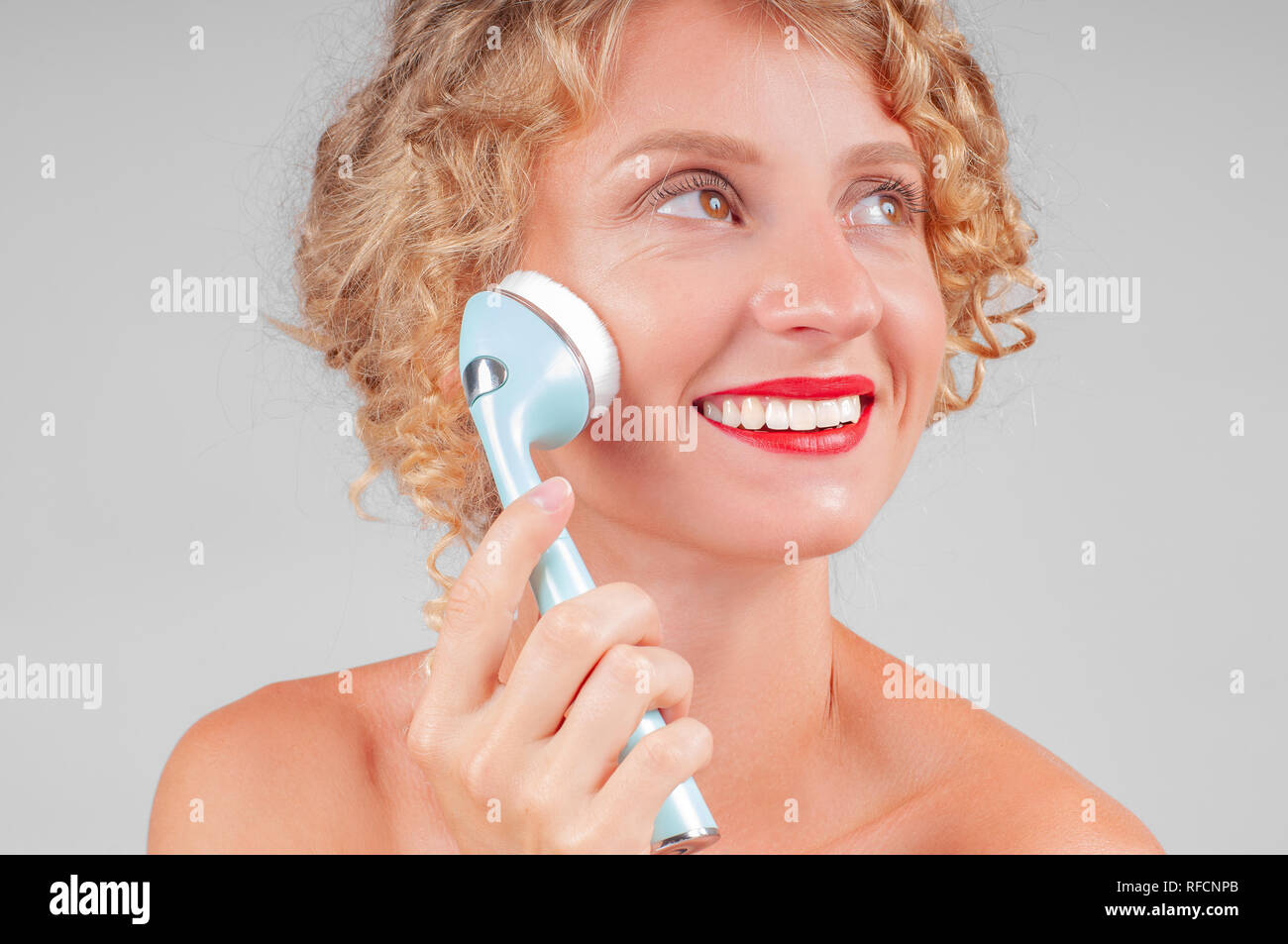 Facial care. Perfect fresh clean skin concept. Beautiful woman washing ...