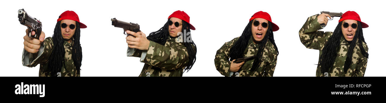 Funny guy with gun isolated on white Stock Photo - Alamy