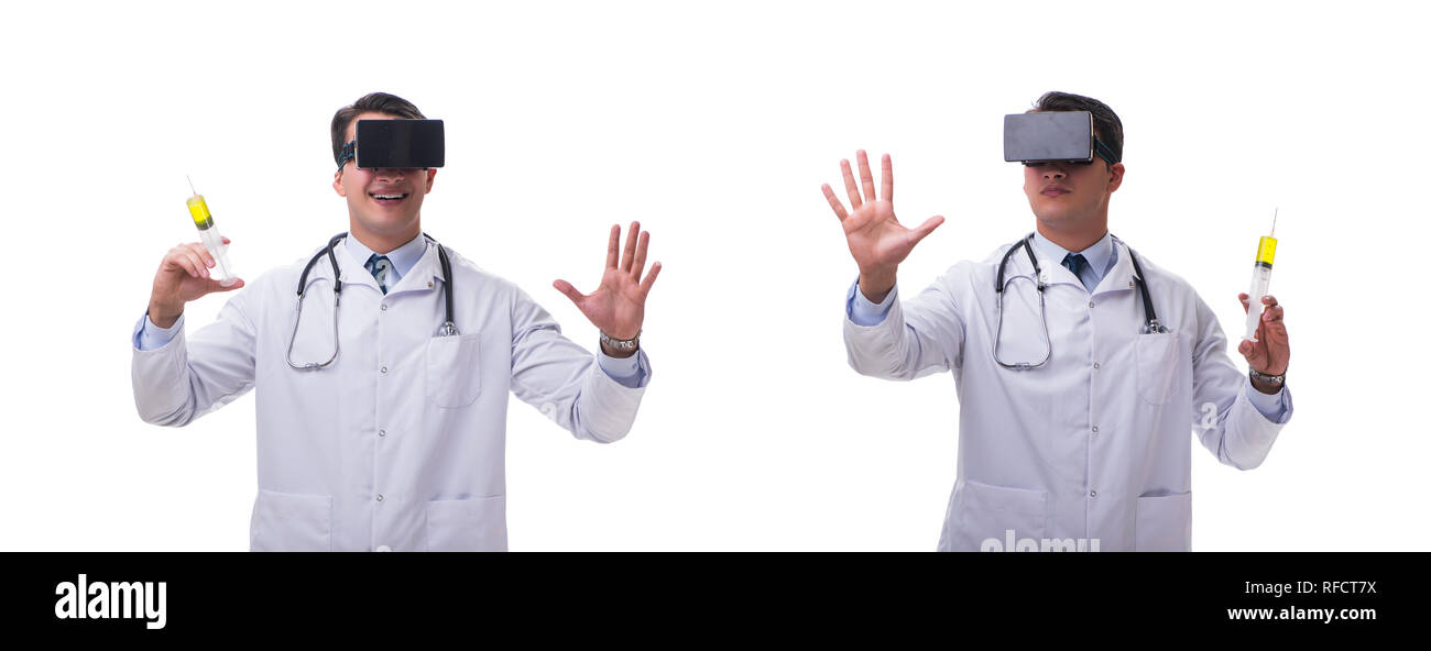 Doctor wearing a vr virtual reality headset isolated on white ...