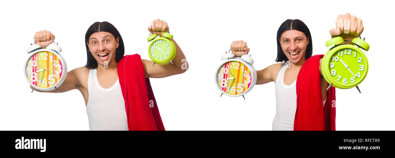 Funny man with clock isolated on white Stock Photo - Alamy