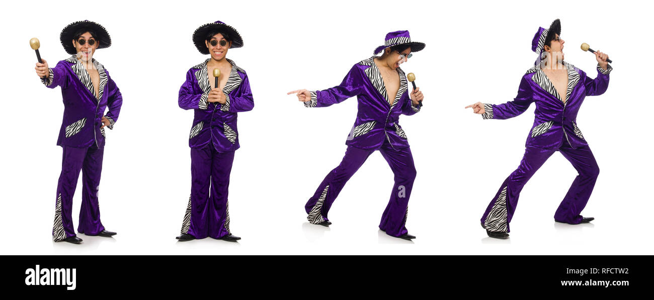 Funny man with microphone isolated on white Stock Photo - Alamy