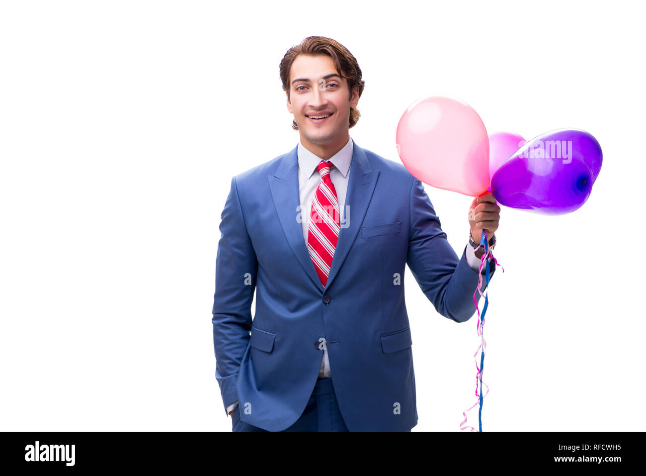 Elegant businessman with balloons isolated on white Stock Photo - Alamy