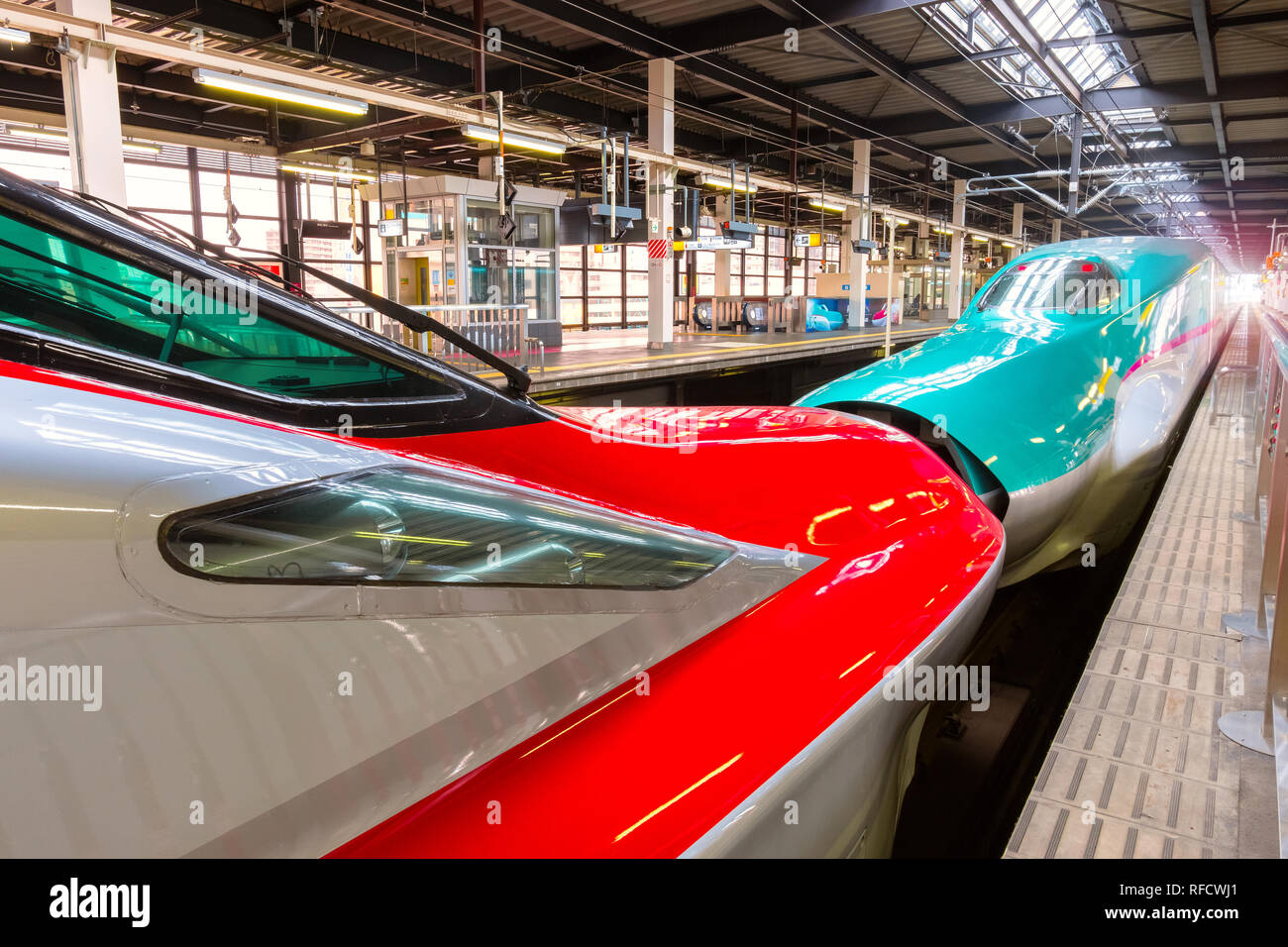 Iwate , Japan - April 22 2018: Japanese Shinkansen high speed train Hayabusa (green) and Komachi ...