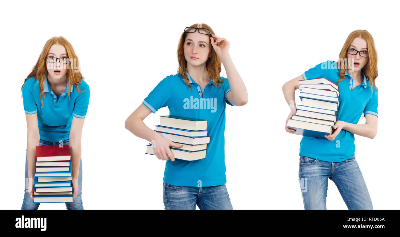 Female student with many books isolated on white Stock Photo - Alamy