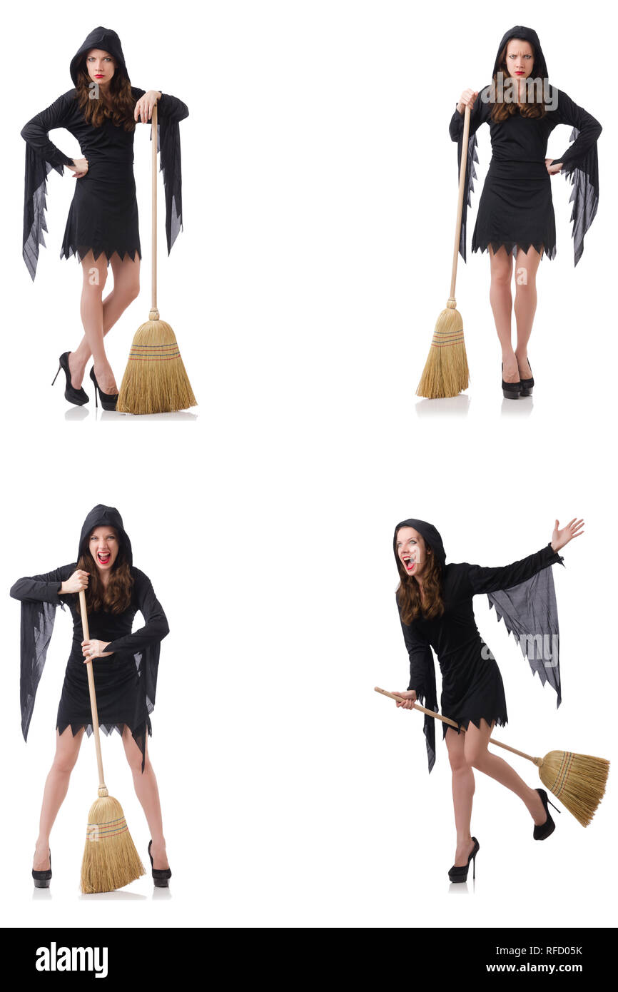 Woman with broom isolated on white Stock Photo - Alamy