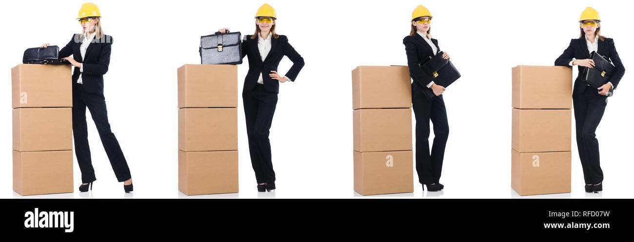 Woman builder with box isolated on white Stock Photo - Alamy