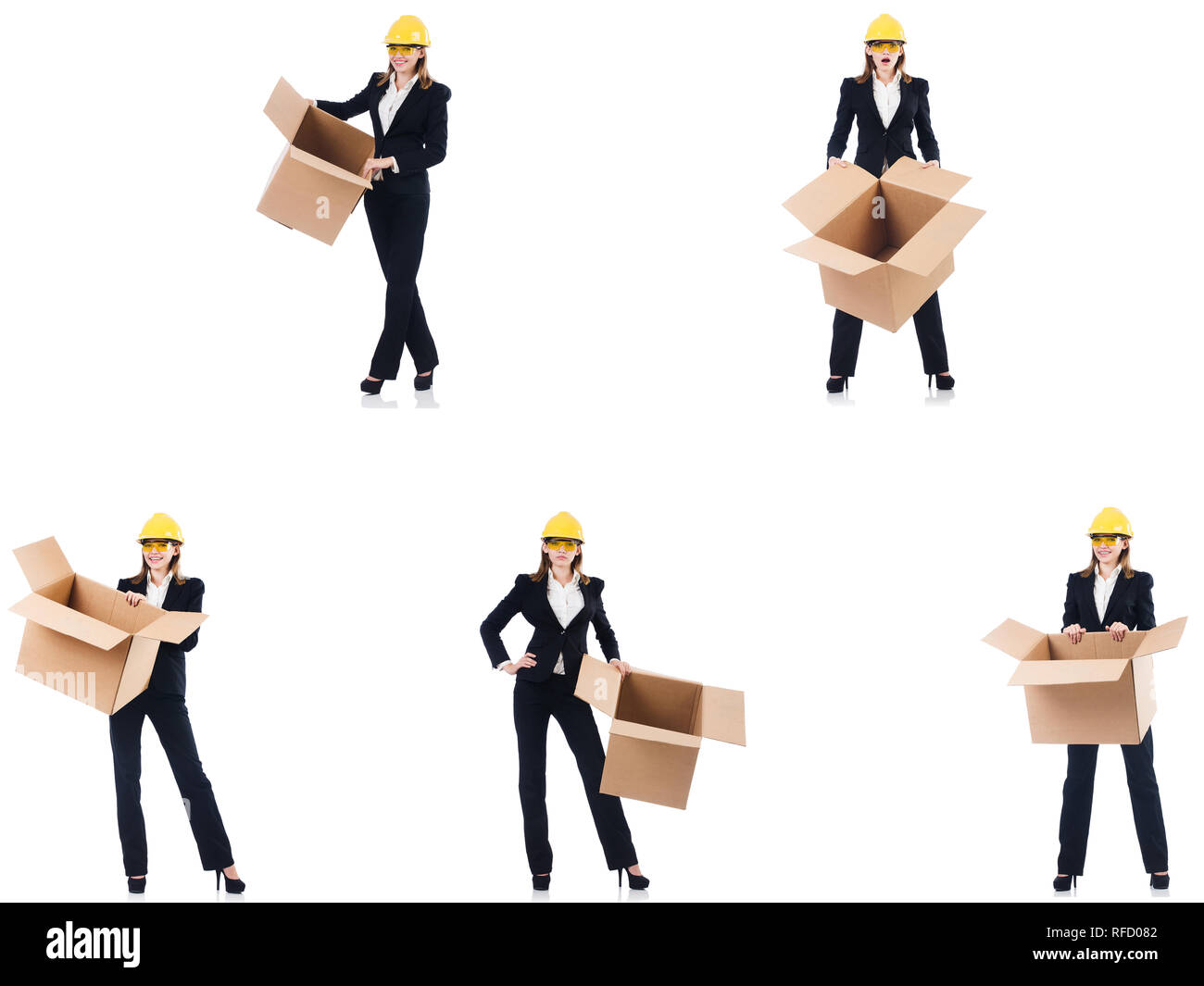 Woman builder with box isolated on white Stock Photo - Alamy