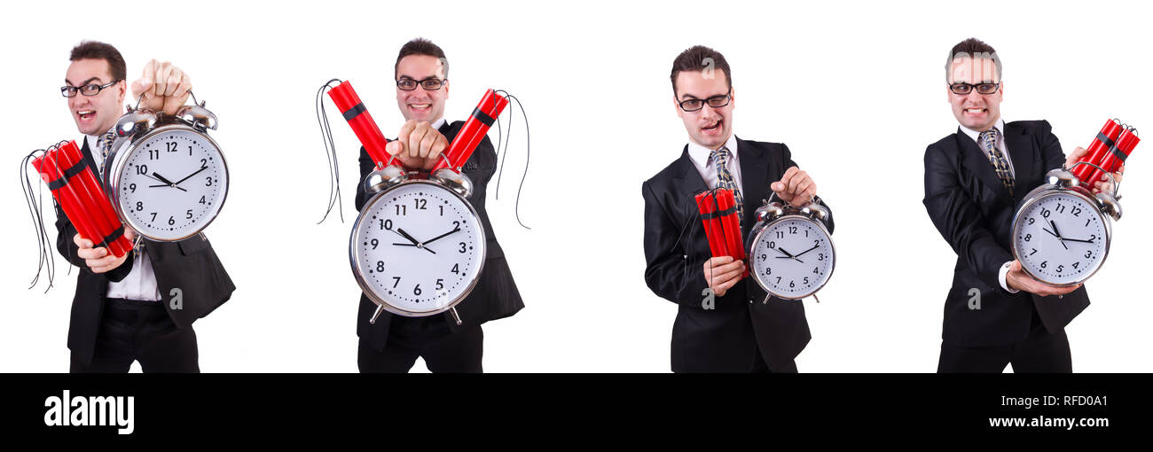 Man with time bomb isolated on white Stock Photo - Alamy