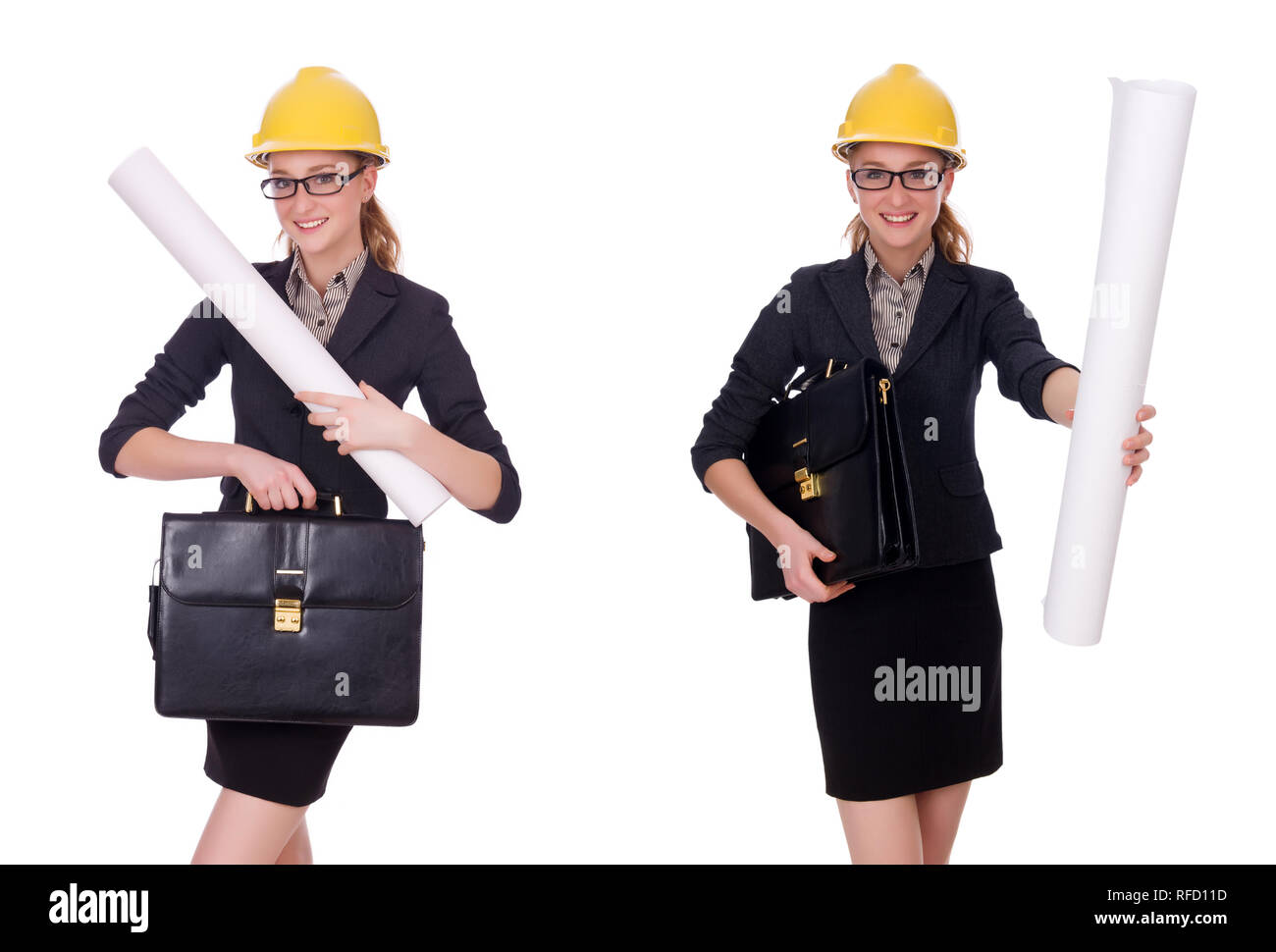 Female architect with blueprint isolated in white Stock Photo - Alamy