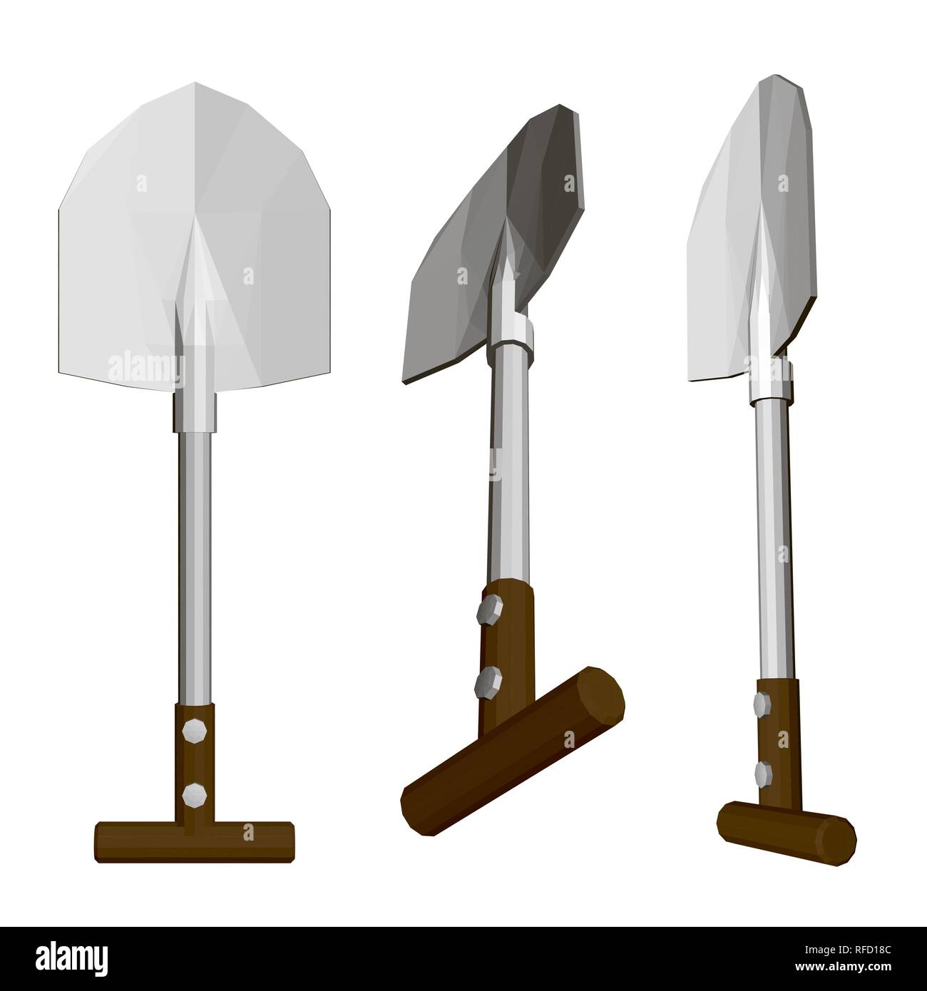 Set with a shovel. Polygonal shovel in different positions. Vector ...