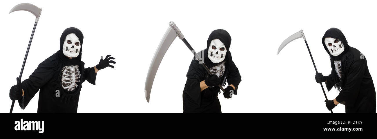 Scary monster with scythe isolated on white Stock Photo - Alamy